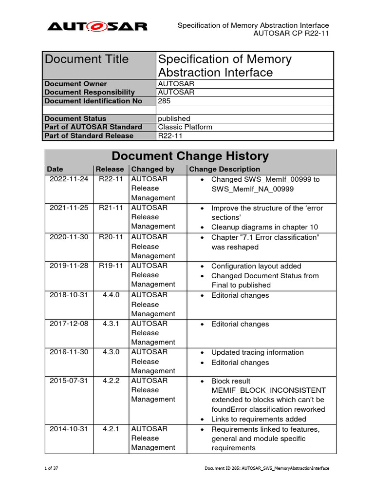 AUTOSAR SWS MemoryAbstractionInterface | PDF | Computer Data Storage | Device Driver