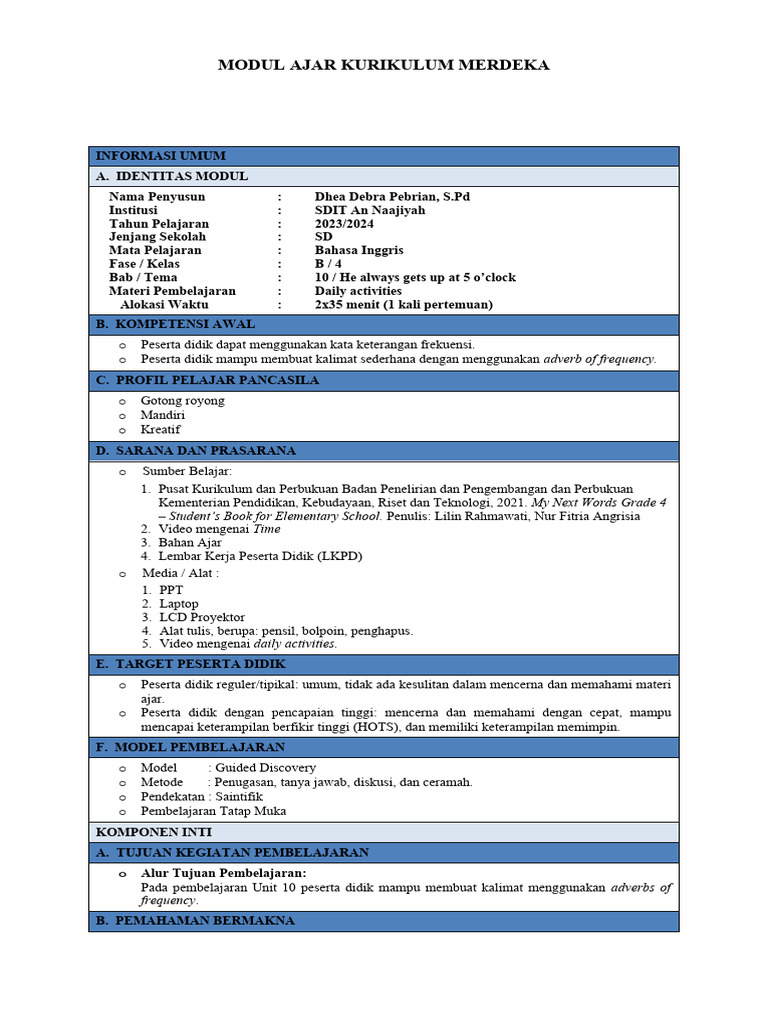 Modul Ajar Bahasa Inggris Unit 10 (p2) | PDF