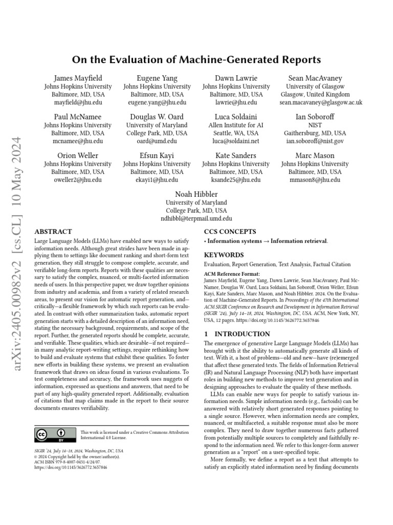 On The Evaluation of Machine-Generated Reports: James Mayfield Eugene Yang Dawn Lawrie Sean ...