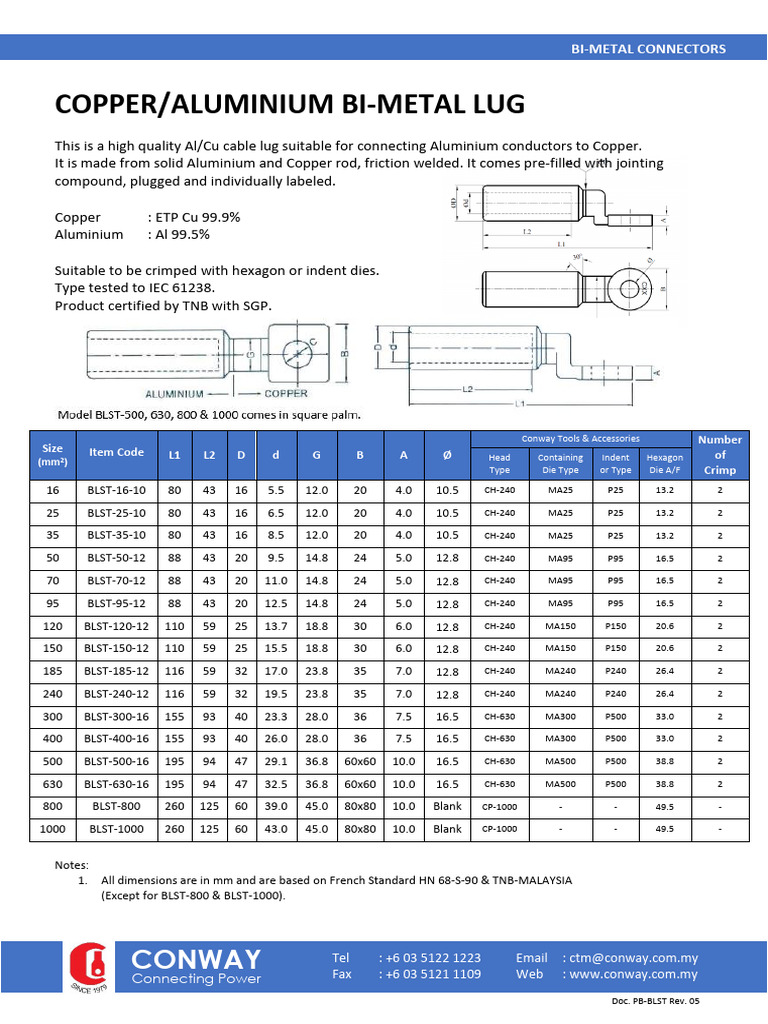 01.Pb-blst - Conway Bi-Metal Cable Lug r5 | PDF | Electrical Connector ...