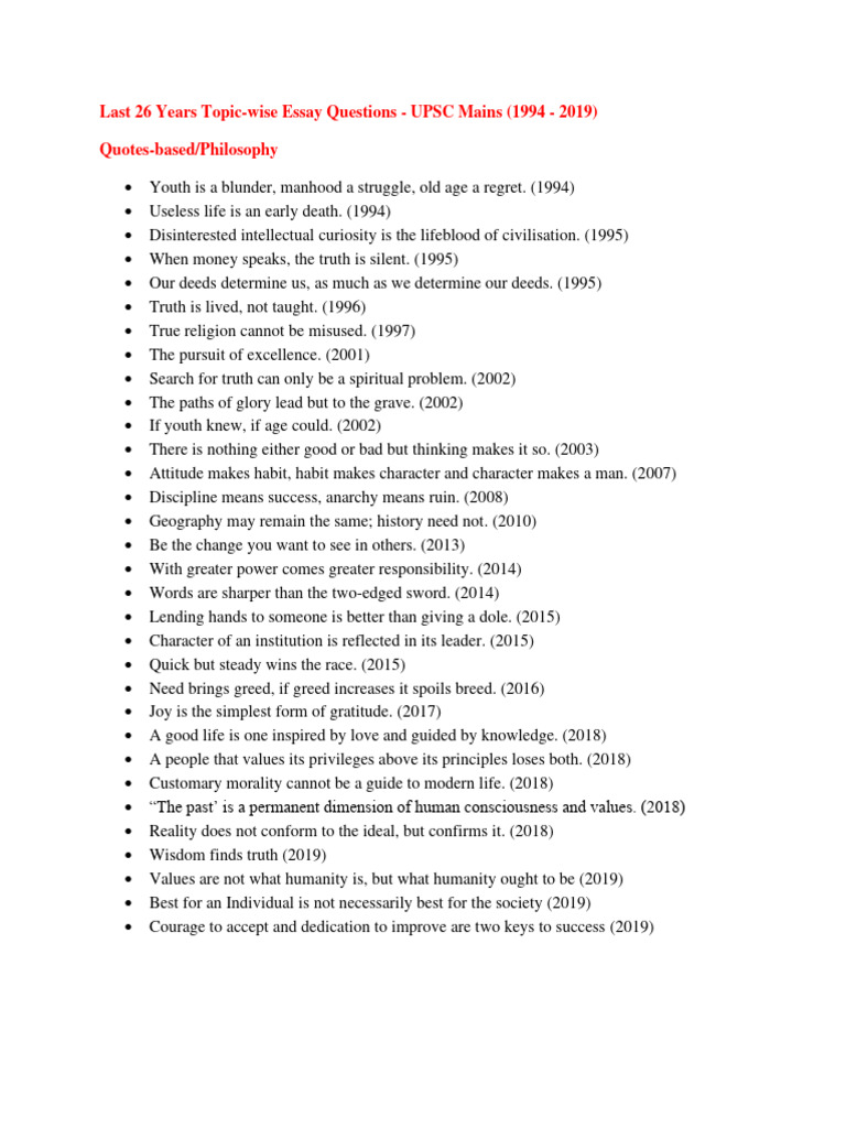 Last 26 Years Topic-Wise Essay Questions - UPSC Mains (1994 - 2019 ...