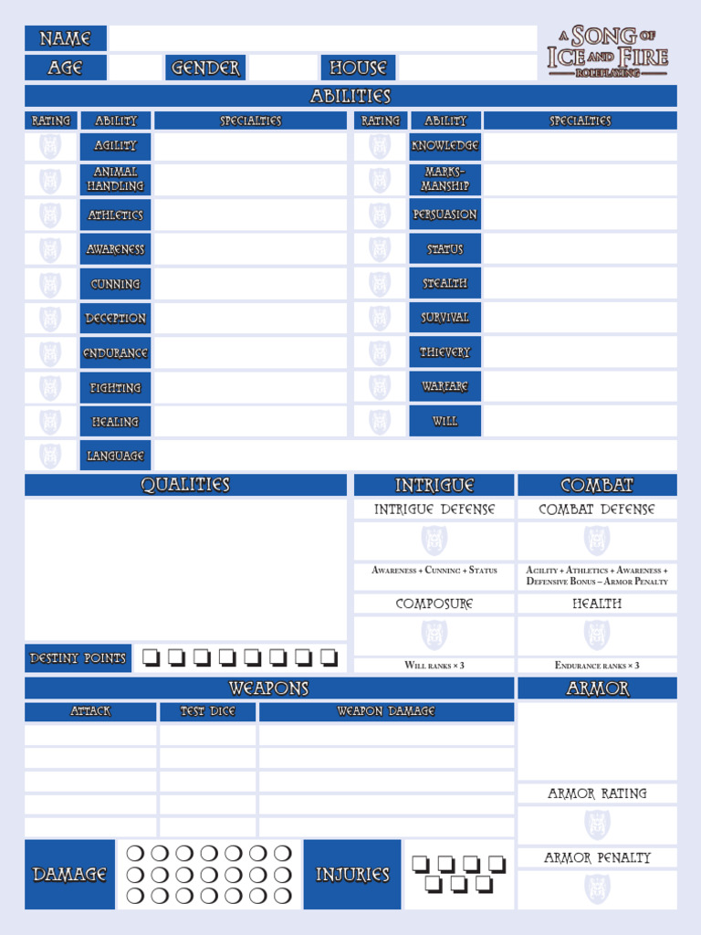 A Song of Ice and Fire Roleplaying - Character Sheet (Fillable) | PDF ...