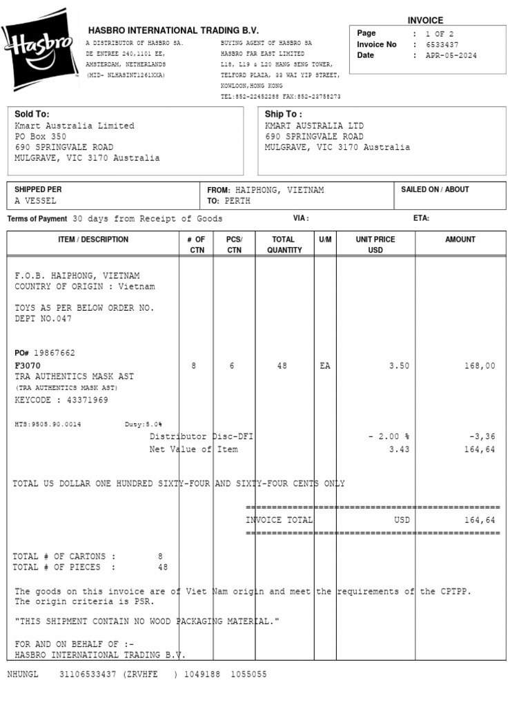 Invoice Hasbro International Trading B.V.: Shipped Per From: TO: Sailed ...