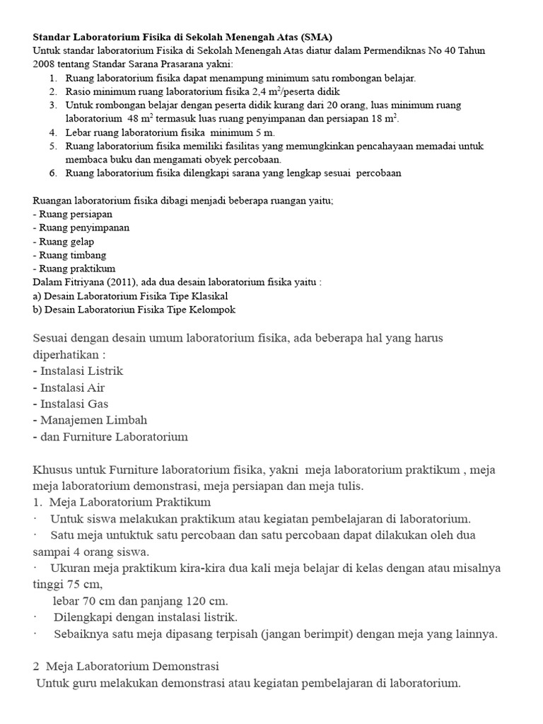 Standar Laboratorium Fisika Di Sekolah Menengah Atas | PDF | Griya & Taman