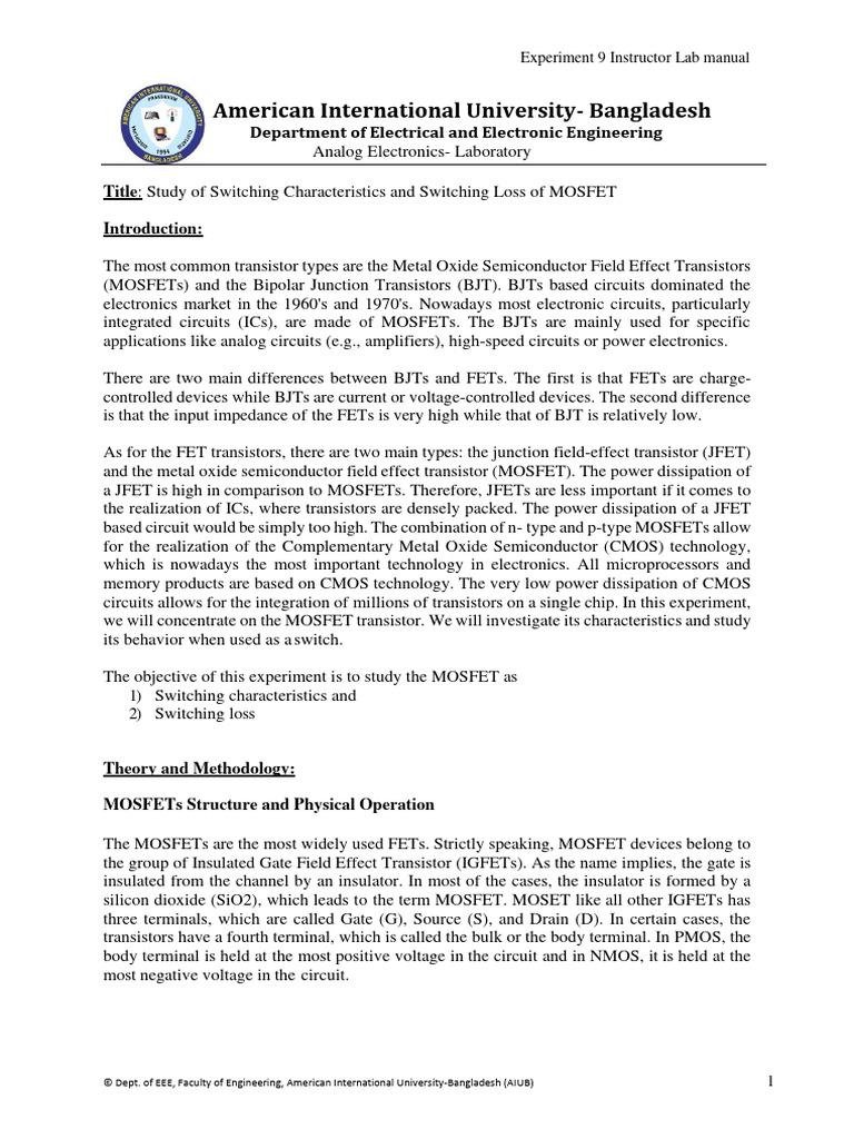 AE - Lab - EXP - 9 - Student MANUAL | PDF | Field Effect Transistor | Mosfet