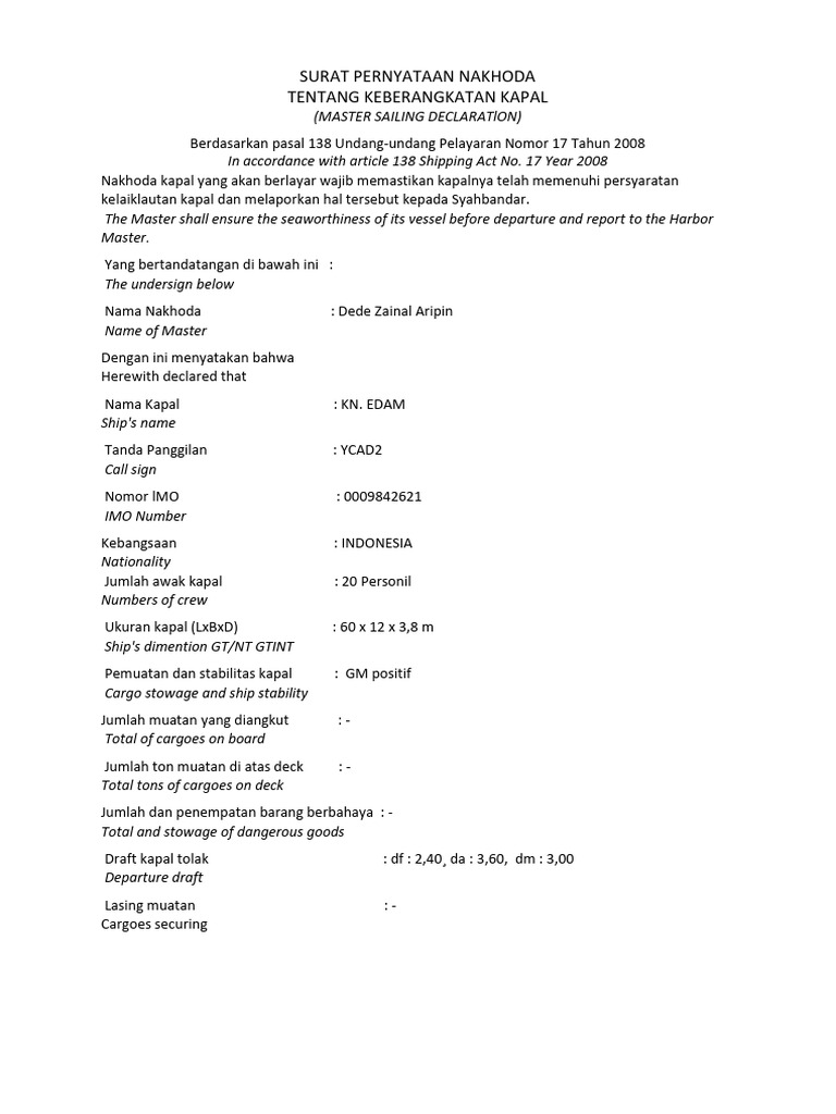 Master Sailing Declaration-Juni 24 | PDF