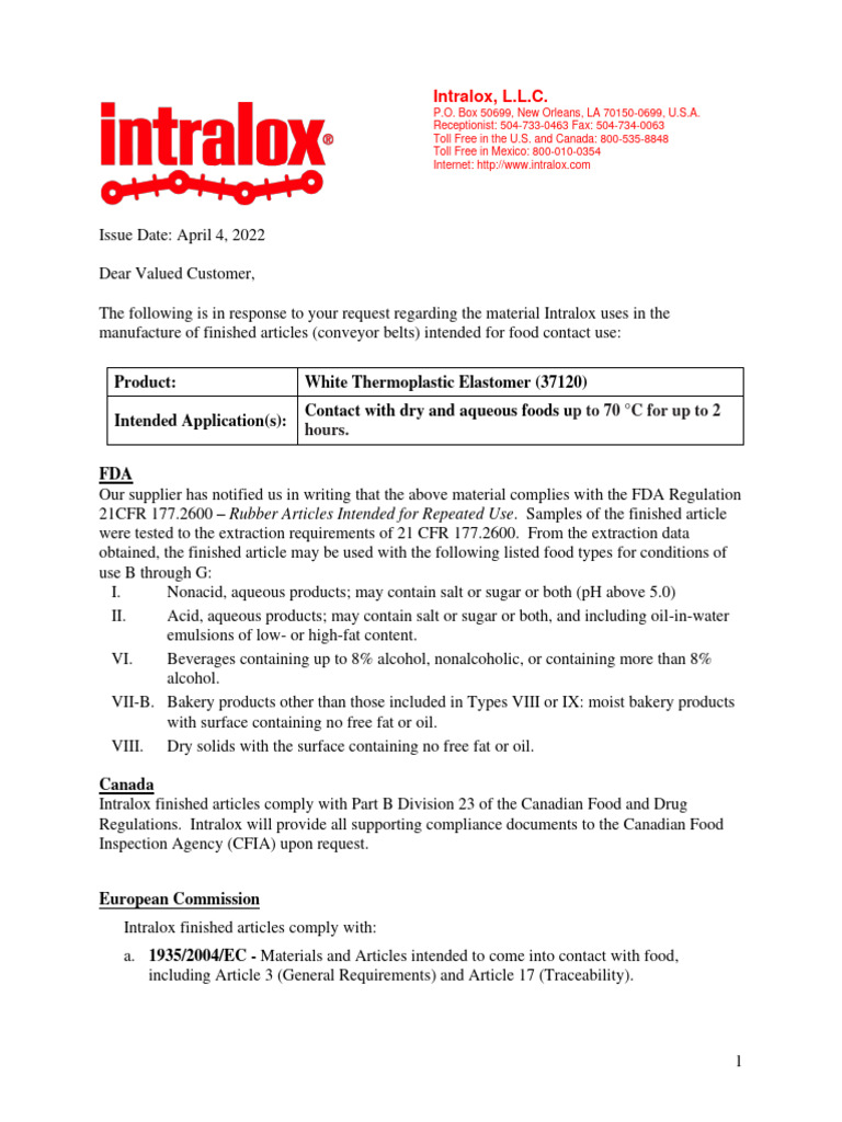 Intralox White TPE Compliance Letter | PDF | Silicone | Plastic