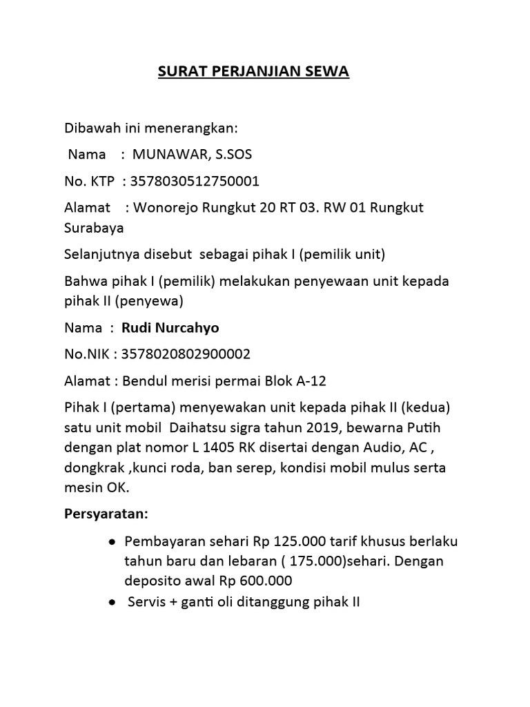 Surat Perjanjian Sewa | PDF