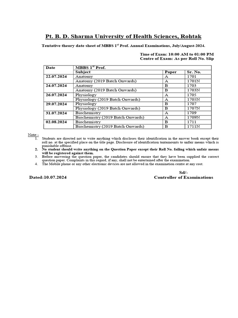 Tentative Theory Date Sheet of MBBS 1st Prof. | PDF Tentative Theory Date Sheet of MBBS 1st Prof. | PDF