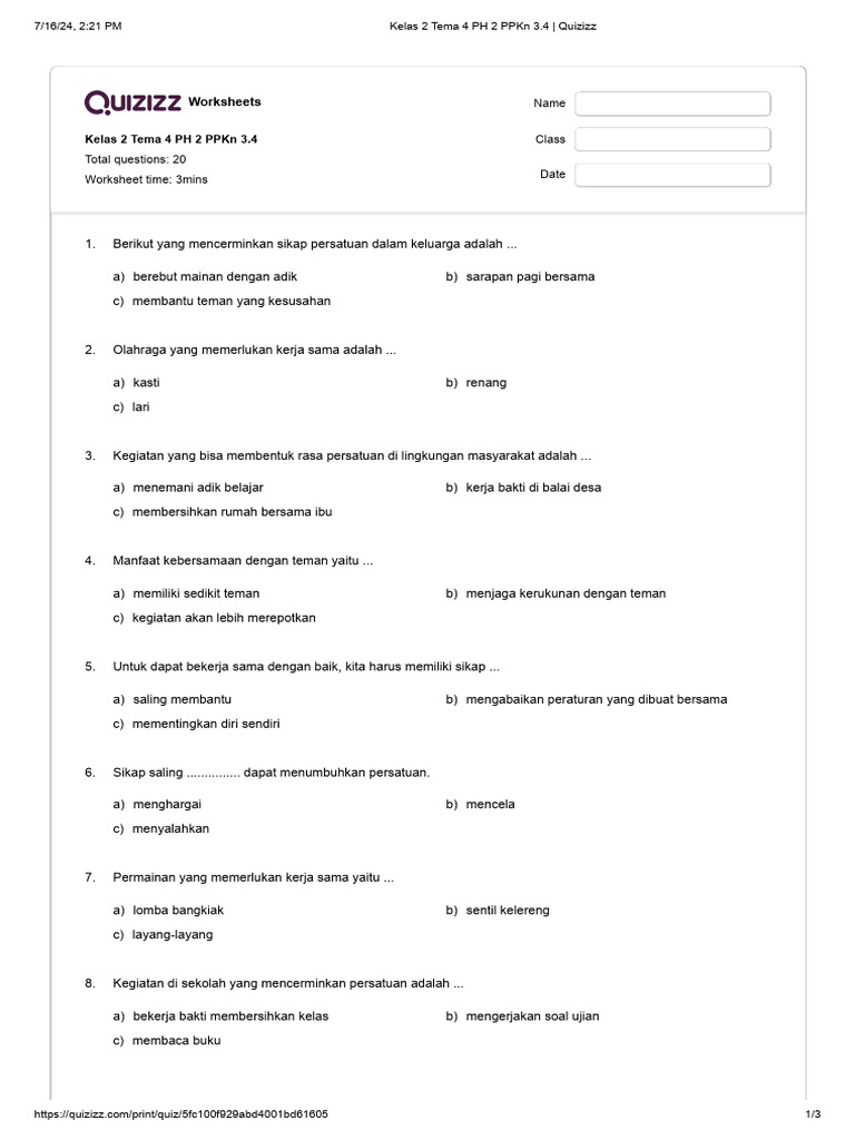 Kelas 2 Tema 4 PH 2 PPKN 3.4 PERSATUAN - Quizizz | PDF