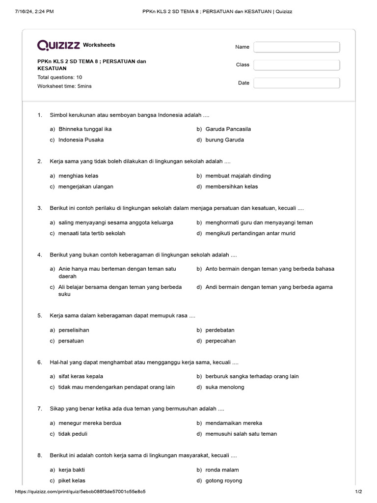 PPKN KLS 2 SD TEMA 8 PERSATUAN Dan KESATUAN - Quizizz | PDF