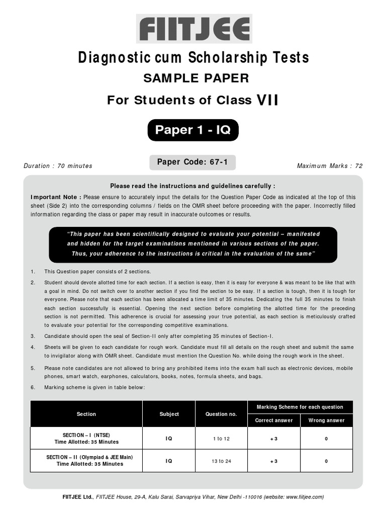 Dst-2425-Sample Paper-Class-Vii-P1-I.q. | PDF