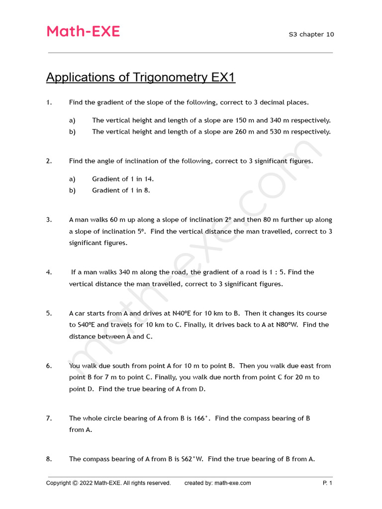 s3 Ch10 Applications of Trigonometry Ex1 Eng | PDF | Slope | Compass