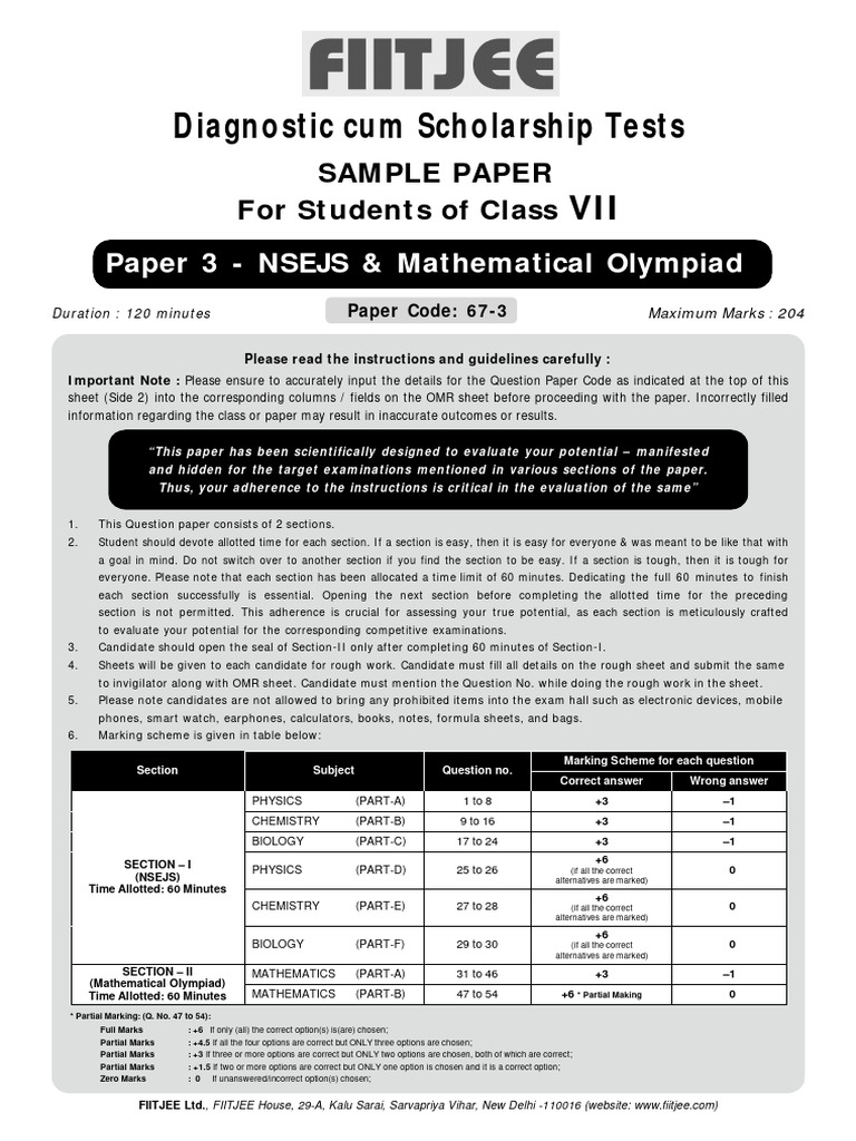 Dst-2425-Sample Paper-Class-Vii-P3-Nsejs & Mo | PDF