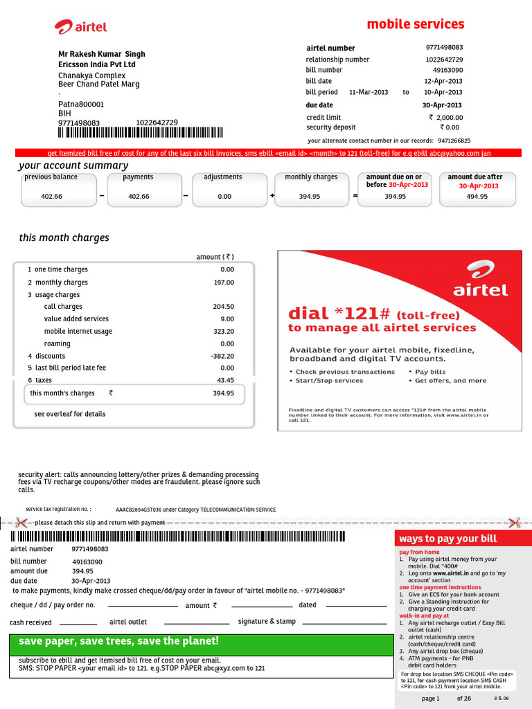 April Airtel Bill | PDF | Cheque | Roaming