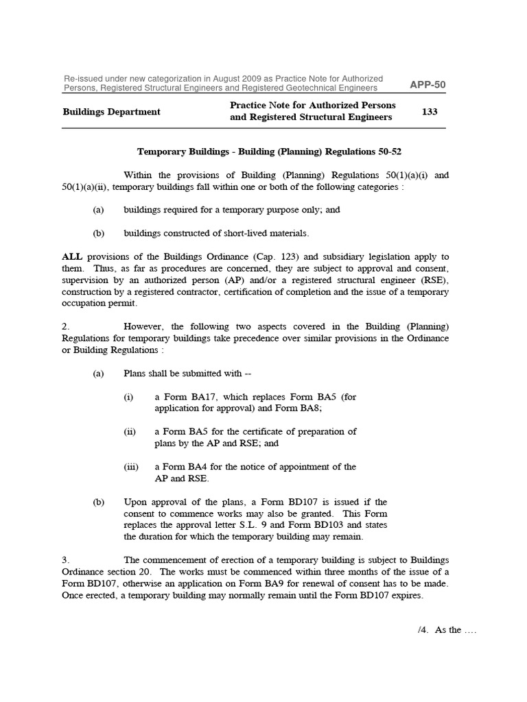 APP050 Temporary Buildings - Building (Planning) Regulations 50-52 ...