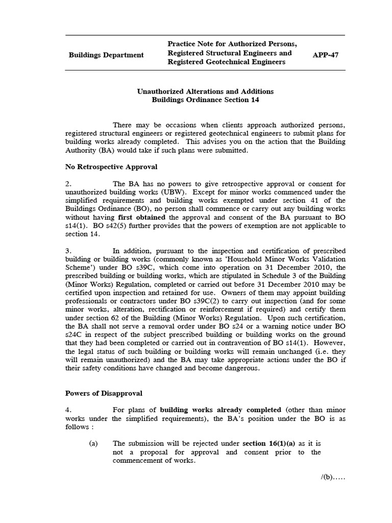 APP047 Unauthorized Alterations and Additions - Buildings Ordinance Section 14 | PDF | Justice ...