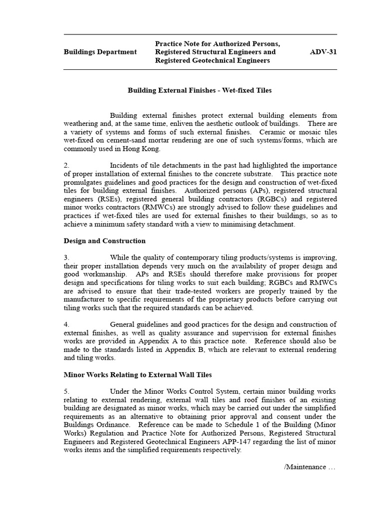 ADV031 Building External Finishes - Wet-fixed Tiles | PDF | Tile | Concrete