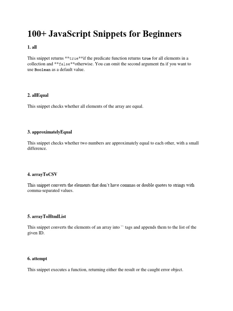 100 javascript snippets for beginners | Download Free PDF | Function ...