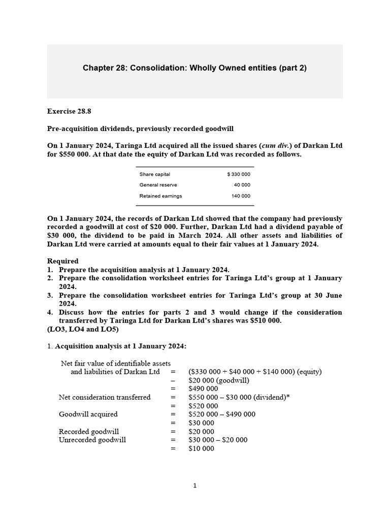Week 4 Tut Solutions Wholly Owned Entities 28 | PDF | Equity (Finance) | Consolidation (Business)