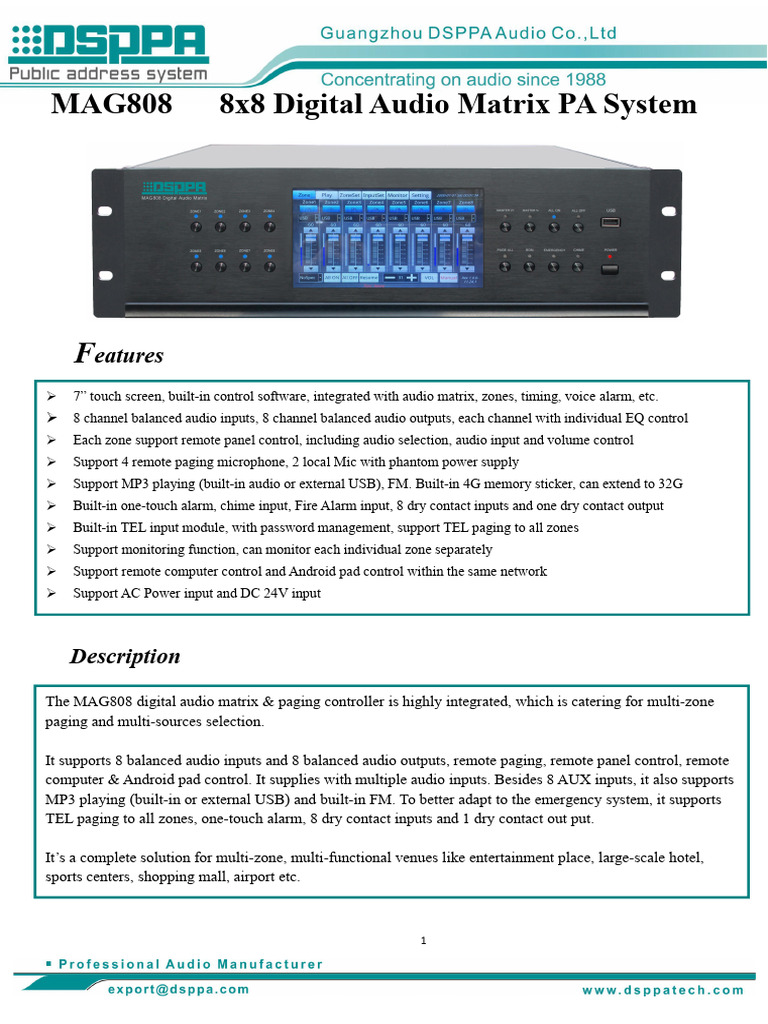Data Sheet-MAG808 - 8x8 Digital Audio Matrix PA System | PDF | Power ...