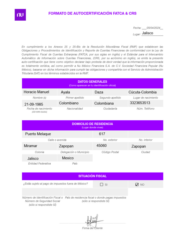 Formato de Autocertificacio N Fatca CRS 05 04 2024 1 | PDF | Gobierno
