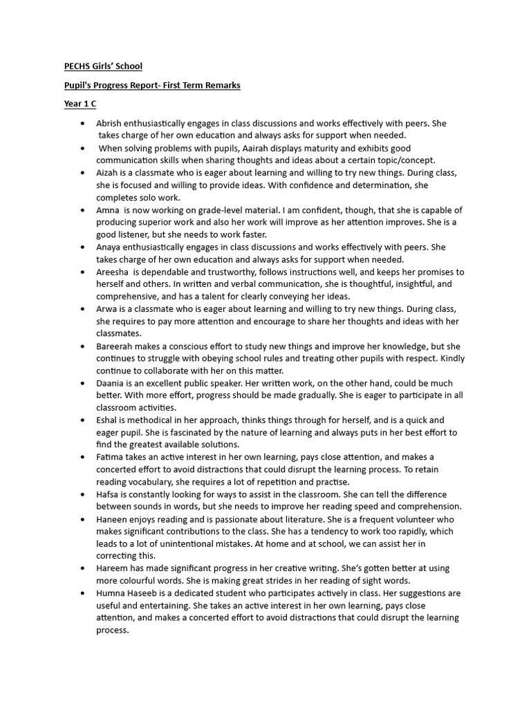 1st Term Report Card Comments Year 1C by Alizey Hyder | PDF | Learning ...