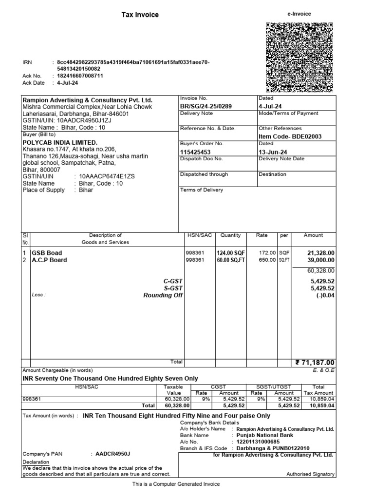 Tax Invoice: BR/SG/24-25/0289 4-Jul-24 | PDF | Invoice | Government ...