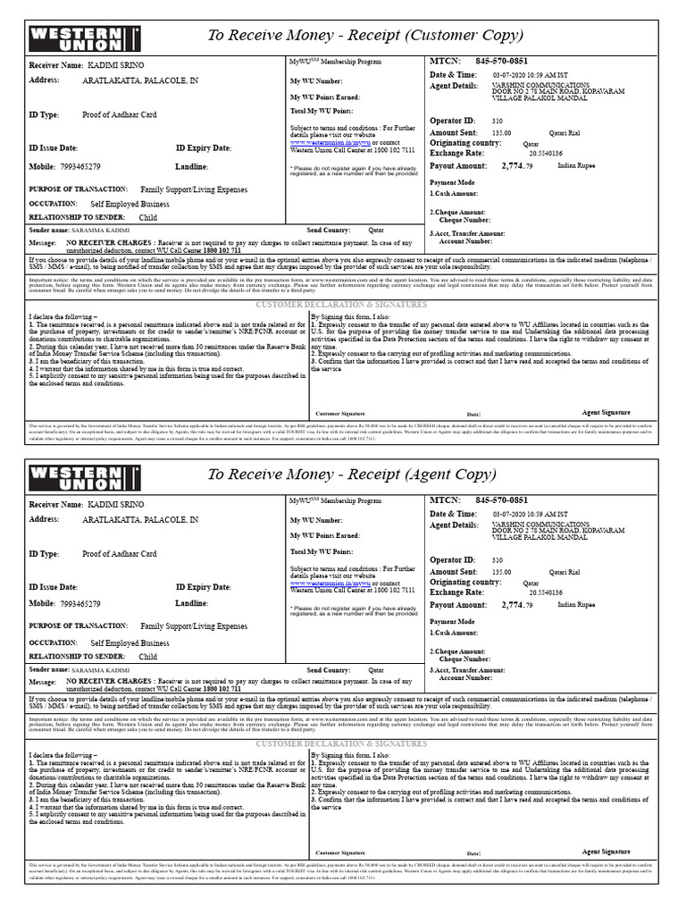 Wu Pos Receipt 9 | Download Free PDF | Cheque | Wire Transfer