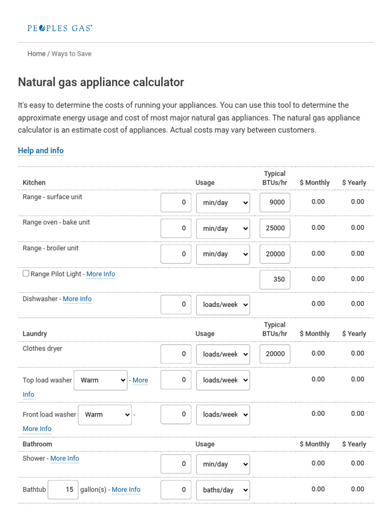 Natural Gas Appliance Calculator - Peoples Gas | PDF | British Thermal ...