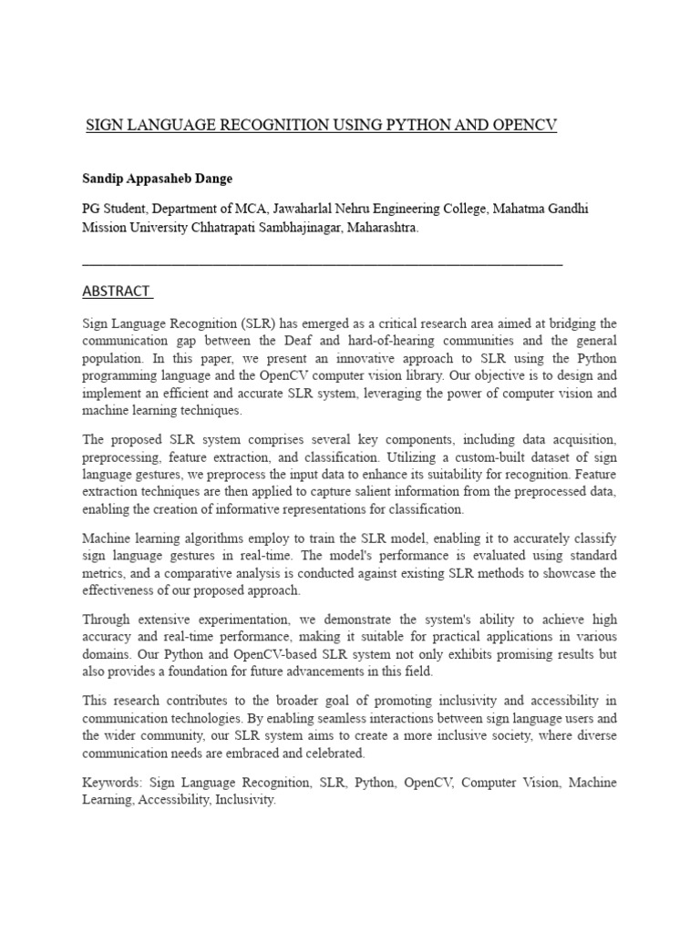 Sign Language Recognition Using Python and Opencv: Sandip Appasaheb Dange | PDF | Sign Language ...