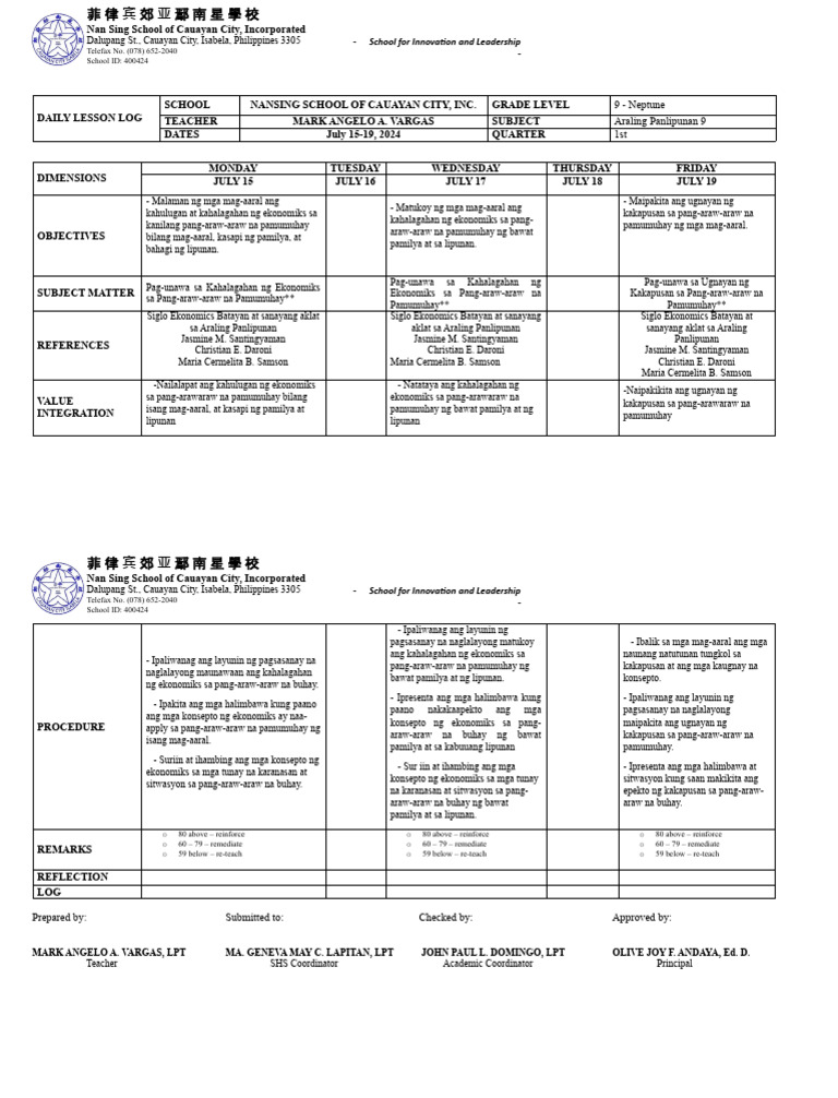 Daily Lesson Log - AP 9 (Week 1) | PDF