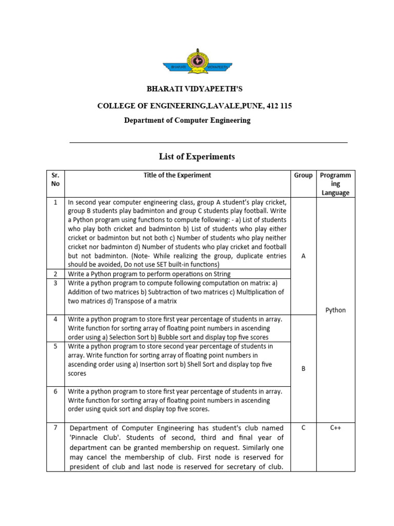 DSL List of Experiments | Download Free PDF | Matrix (Mathematics) | Computer Programming