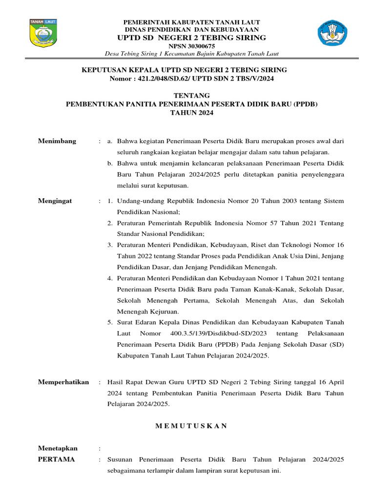 Keputusan Panitia PPDB 2024 | PDF