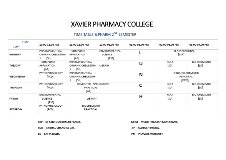 Xavier Pharmacy College Routine | PDF | Pharmacy | Pharmaceutical Sciences