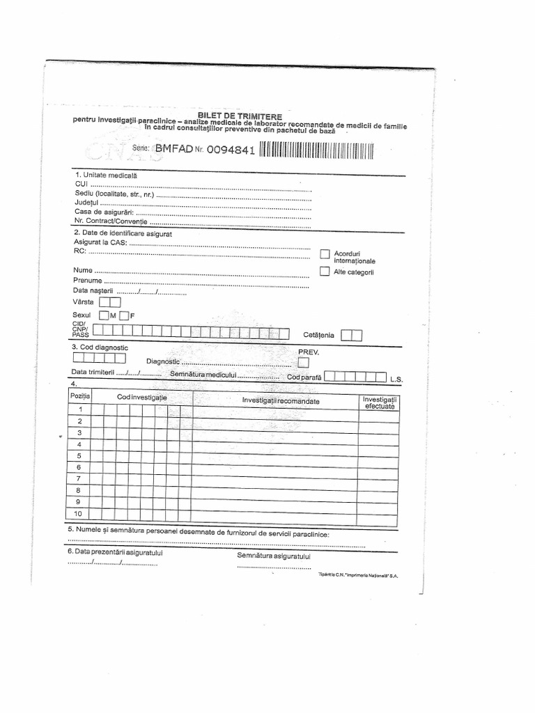 Bilet de Trimitere Pentru Investigații Paraclinice-Analize de Laborator ...