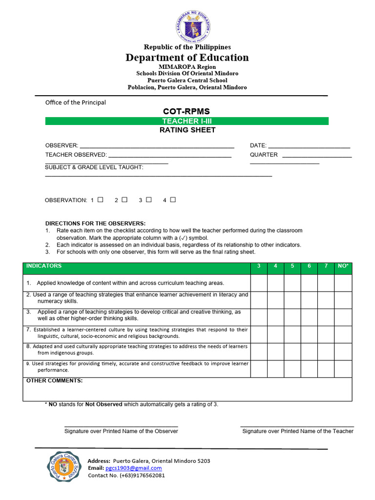 Rating Sheet 2nd4th | PDF | Teachers | Teaching