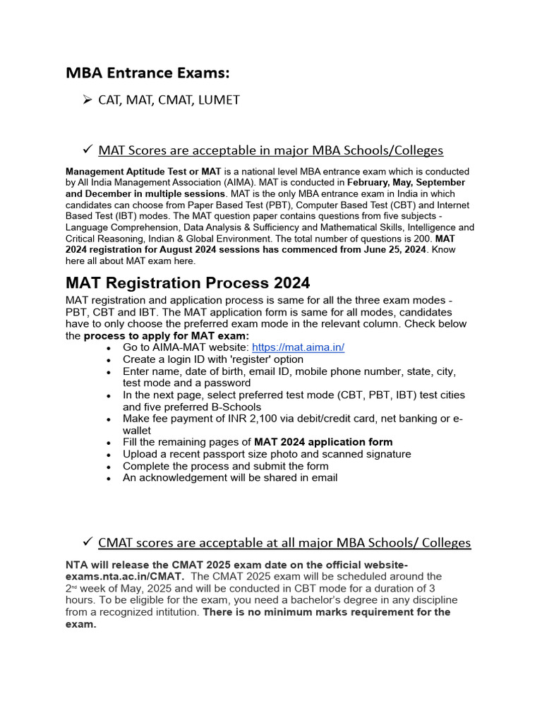 MBA Entrance Exam Overview 2024 | PDF | Master Of Business Administration