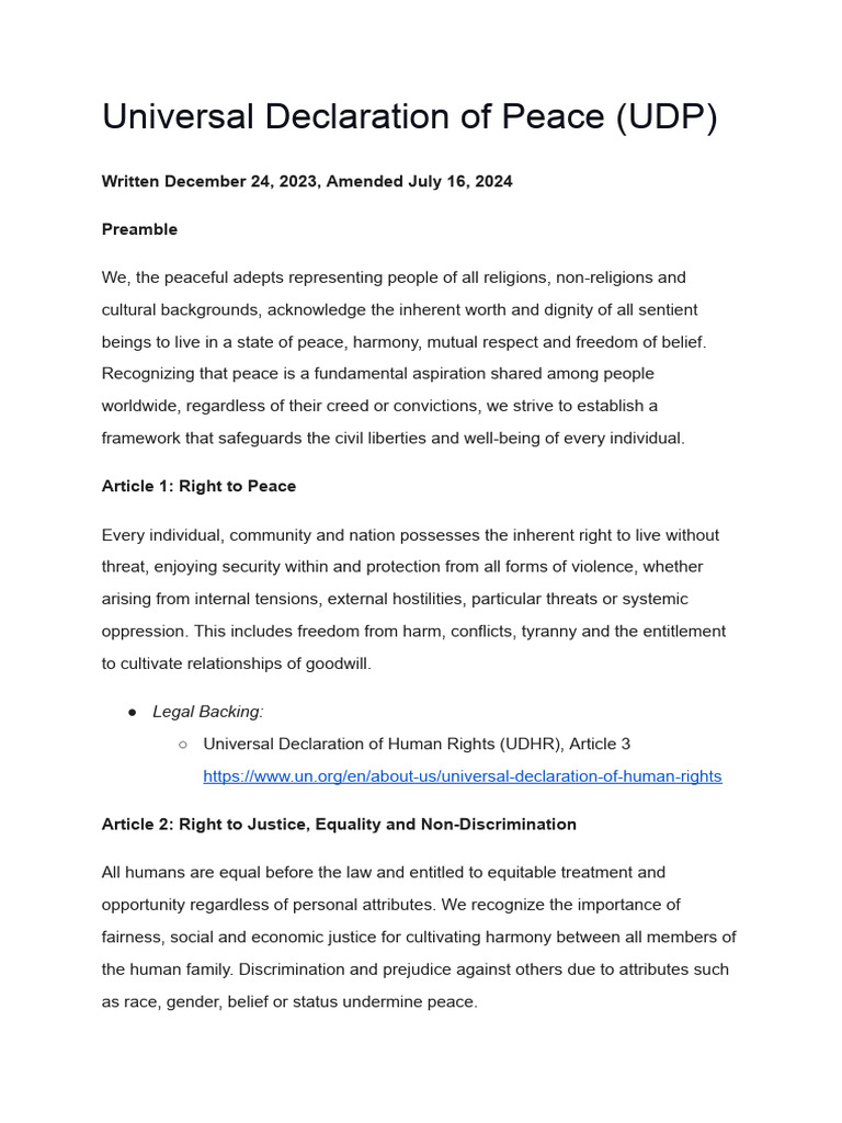 Universal Declaration of Peace (UDP) Written December 24, 2023, Amended ...