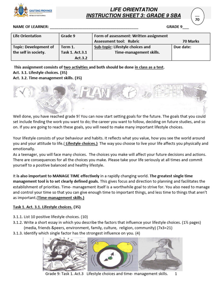 Instruction Sheet 3, GR 9, Life Style Choics & Time Management Skills ...