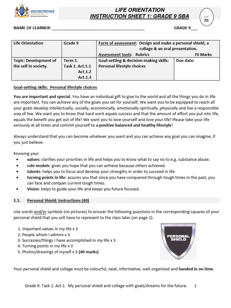 Grade 9 Personal Shield & Goals Project | PDF | Rubric (Academic) | Goal
