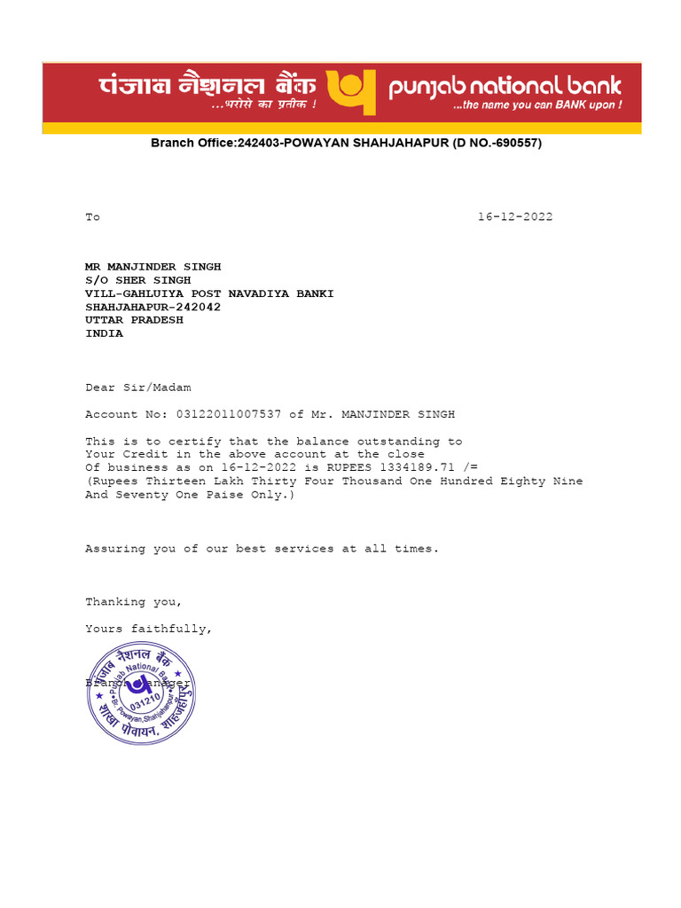 Manjinder Singh PNB Balance Certificate | PDF