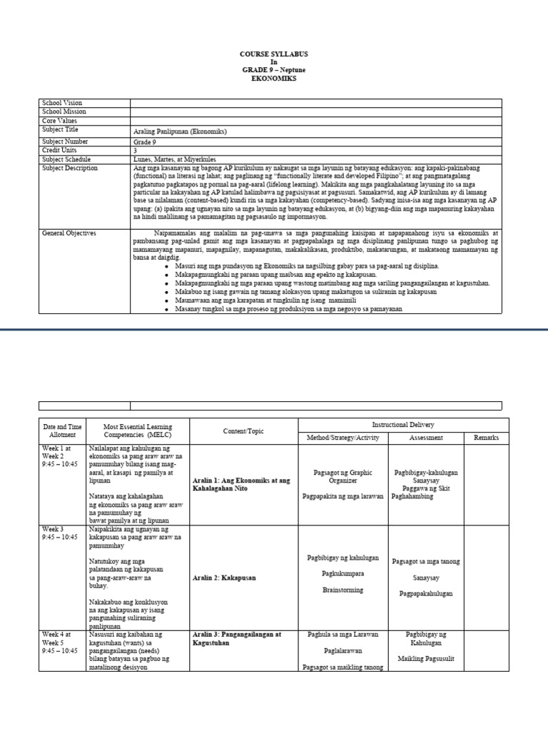 Syllabus Grade 9 2023-2024 | PDF