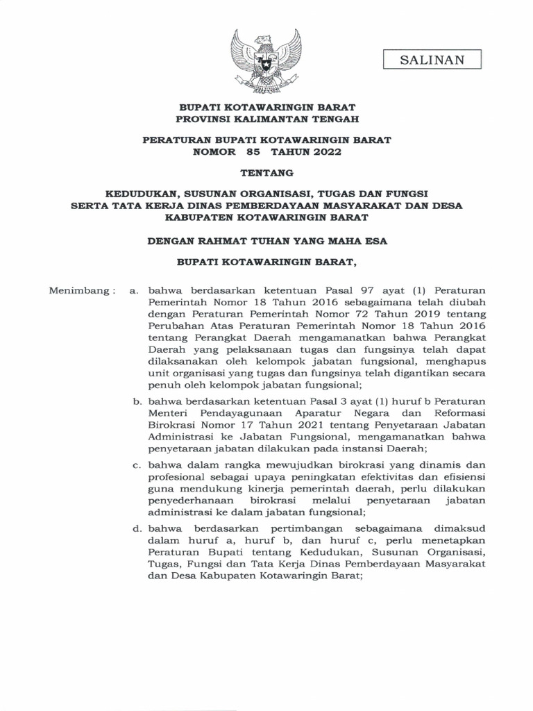 Peraturan Bupati Nomor 85 Tahun 2022 Tentang SOTK DPMD | PDF