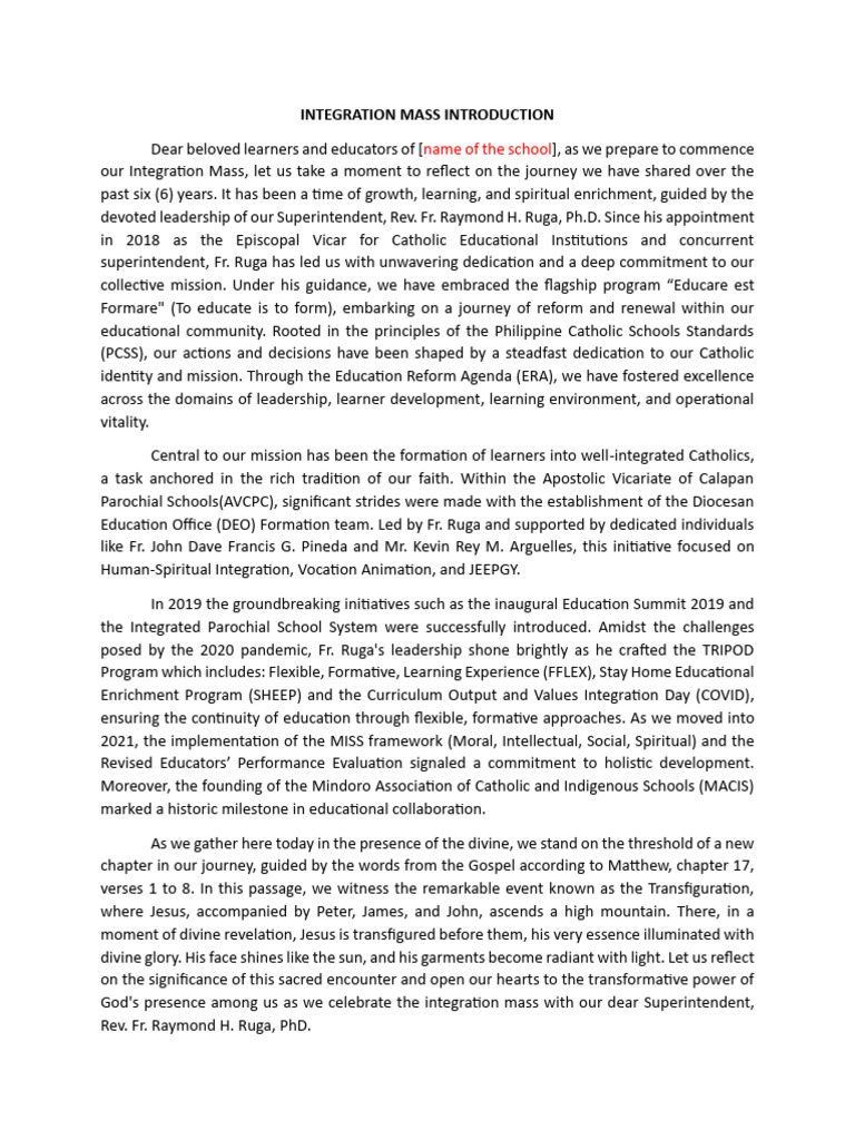 Integration Mass Reflection and Overview | PDF | Religious Belief And ...