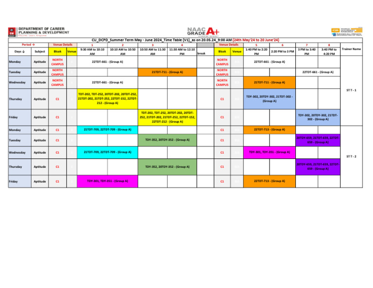 DCPD Aptitude TimeTable (V1) - Summer Term May - June 2024 | PDF