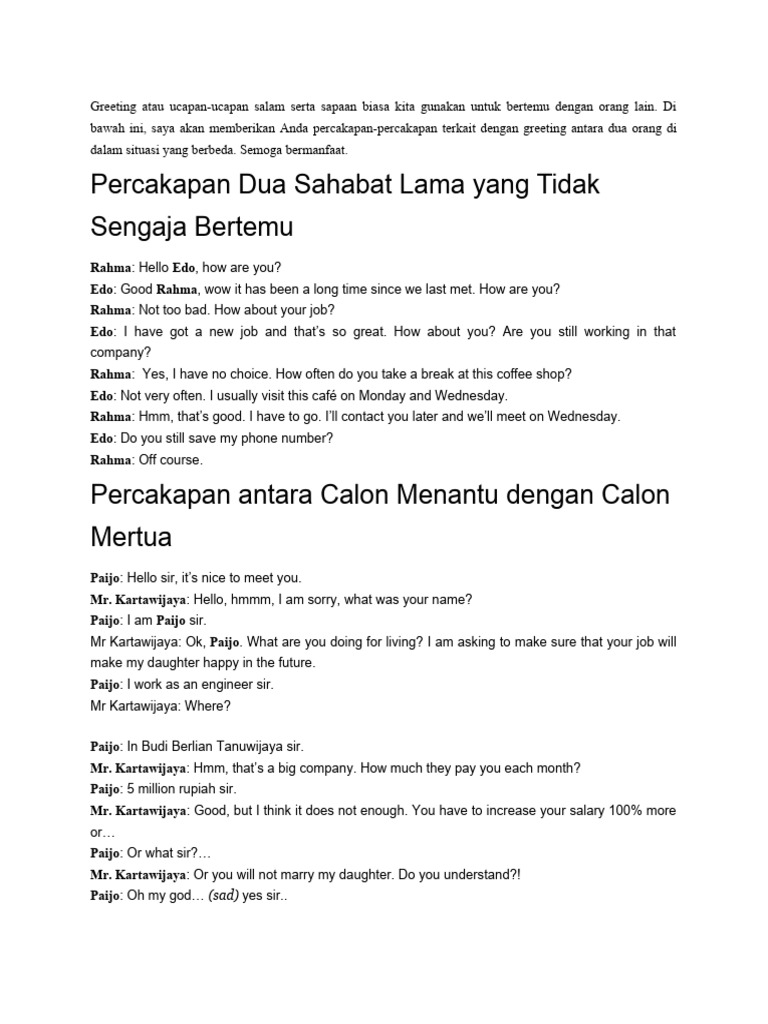 3 Dialog atau Percakapan Bahasa Inggris 2 Orang Tentang Greeting | PDF