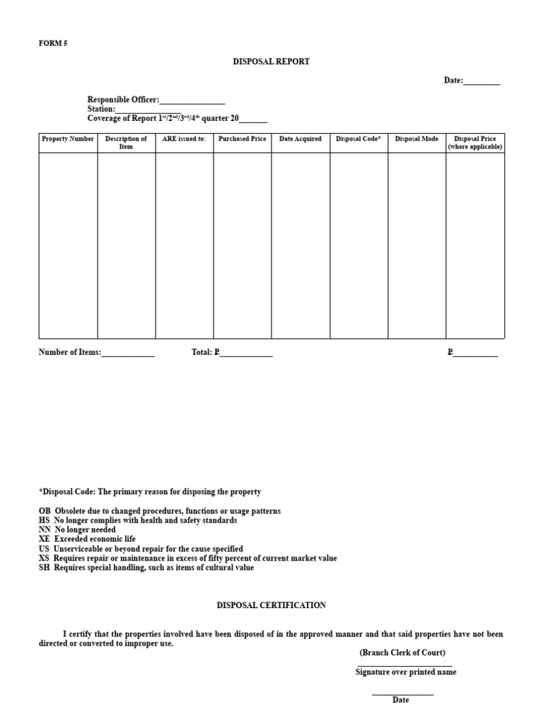 Disposal Report Form 5 Overview | PDF