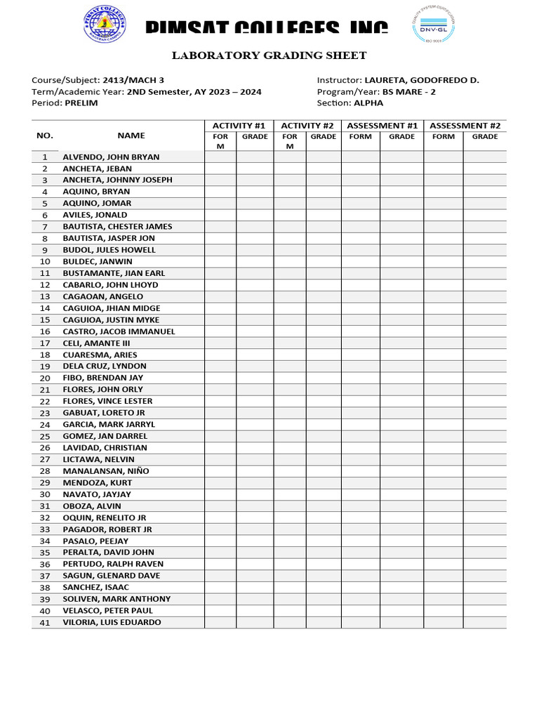 PIMSAT Laboratory Grading Sheet | PDF
