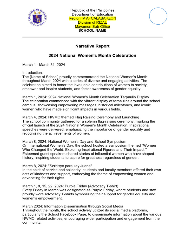 2024 National Women's Month Activities | PDF | Social Science | History